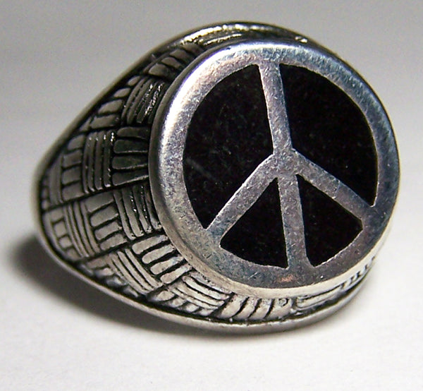 INLAYED BLACK PEACE SIGN SILVER DELUXE BIKER RING (Sold by the piece ...